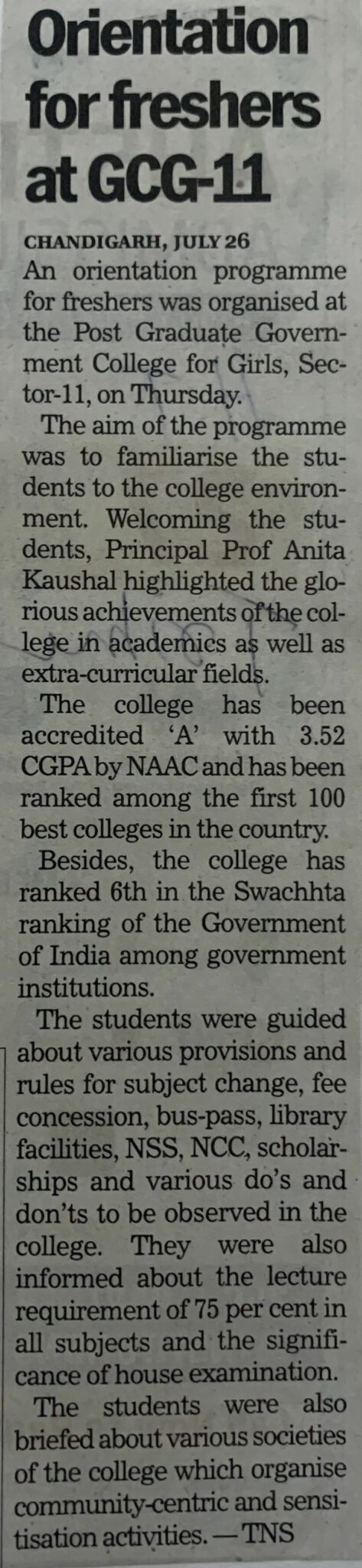 PGGCG-11 organises Orientation program for Freshers, July 27,2018 ...